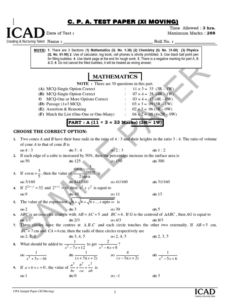 Sample Paper-2 Years Course - XI Moving-Engineering | PDF | Sodium ...