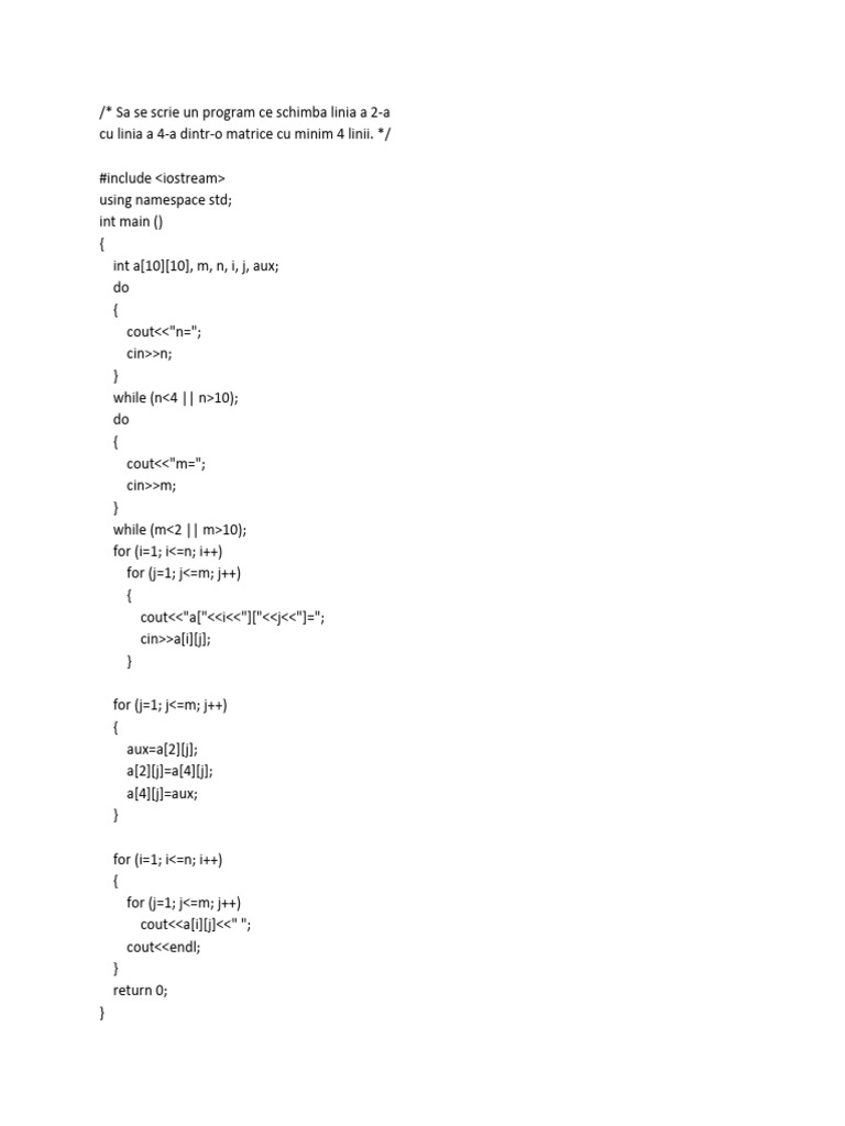 probleme rezolvate c++ matrice | PDF