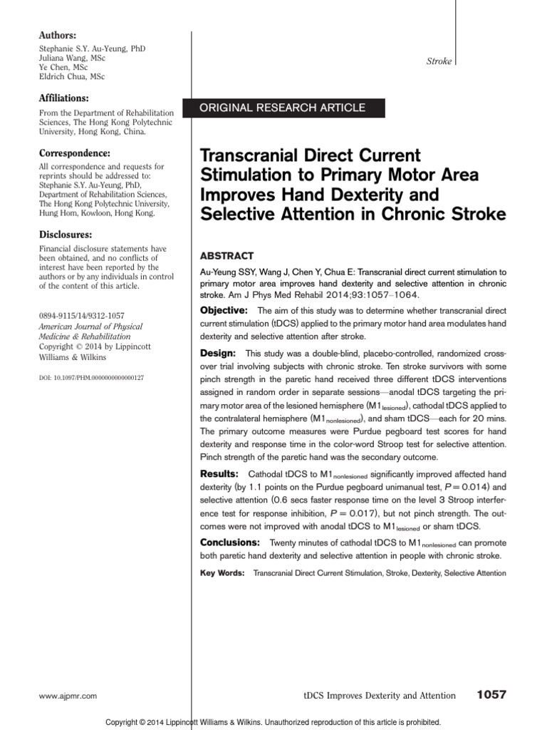 TDCS of PMC Improves Hand Dexterity and Selective Atention in Chronic ...