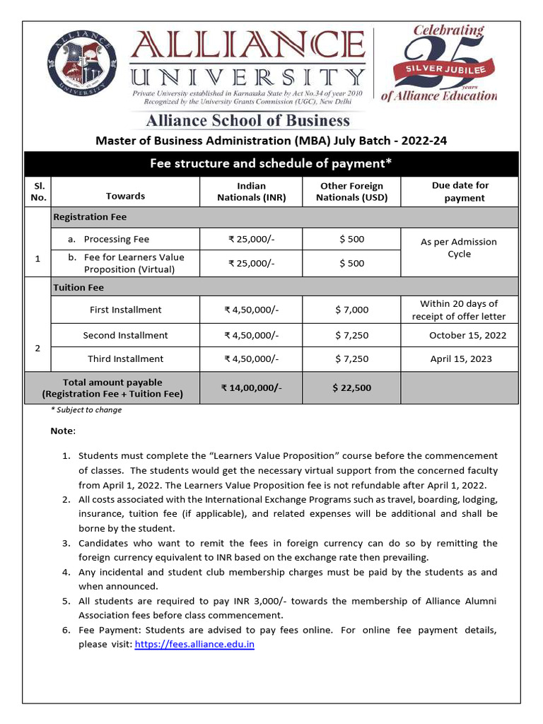 Asob Mba Fee Structure July2022 | PDF | Fee | Money