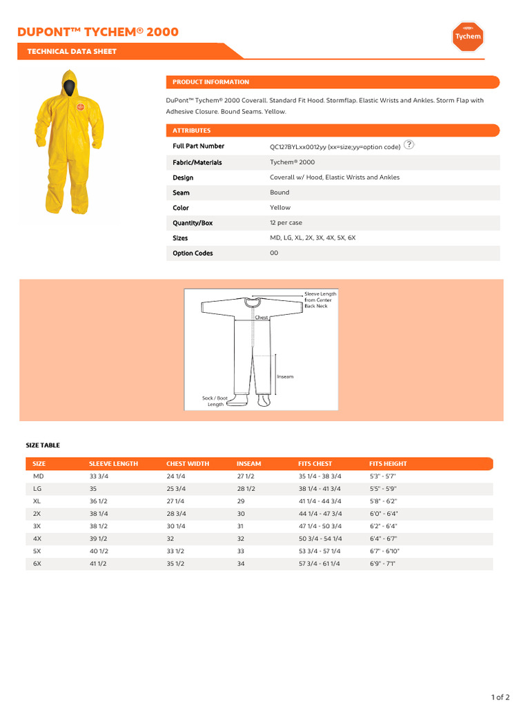 Dupont Tychem 2000 qc127b Yl - US | PDF | Clothing | Seam (Sewing)
