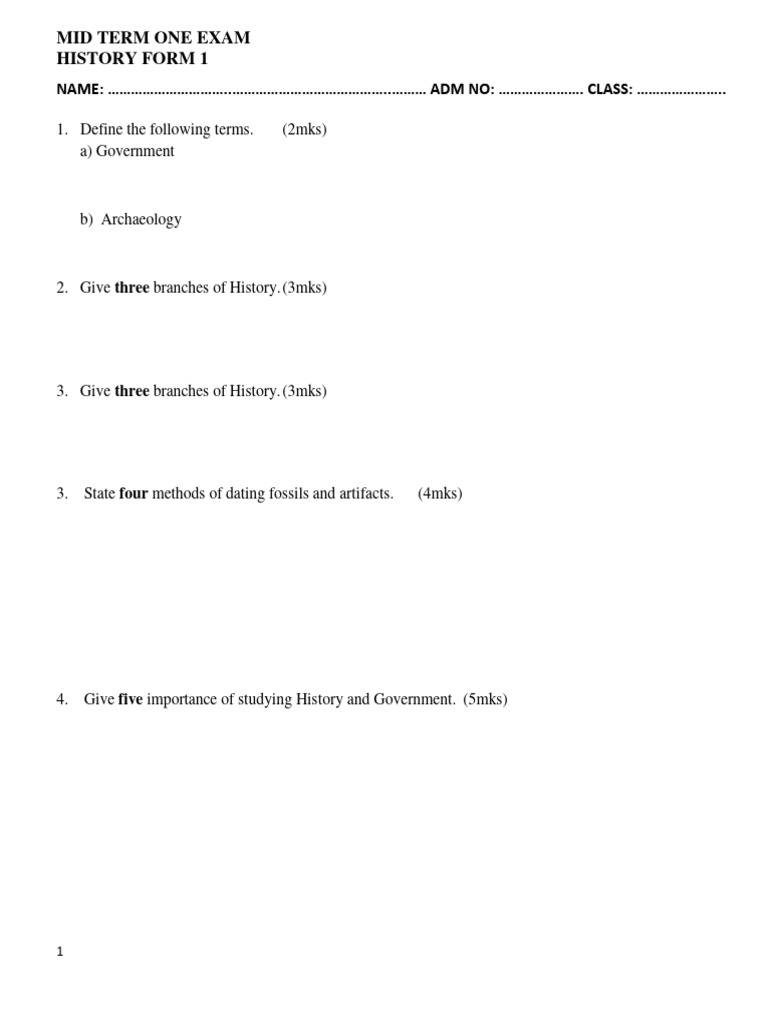 Form 1 History Midterm Exam Guide | PDF | Social Science