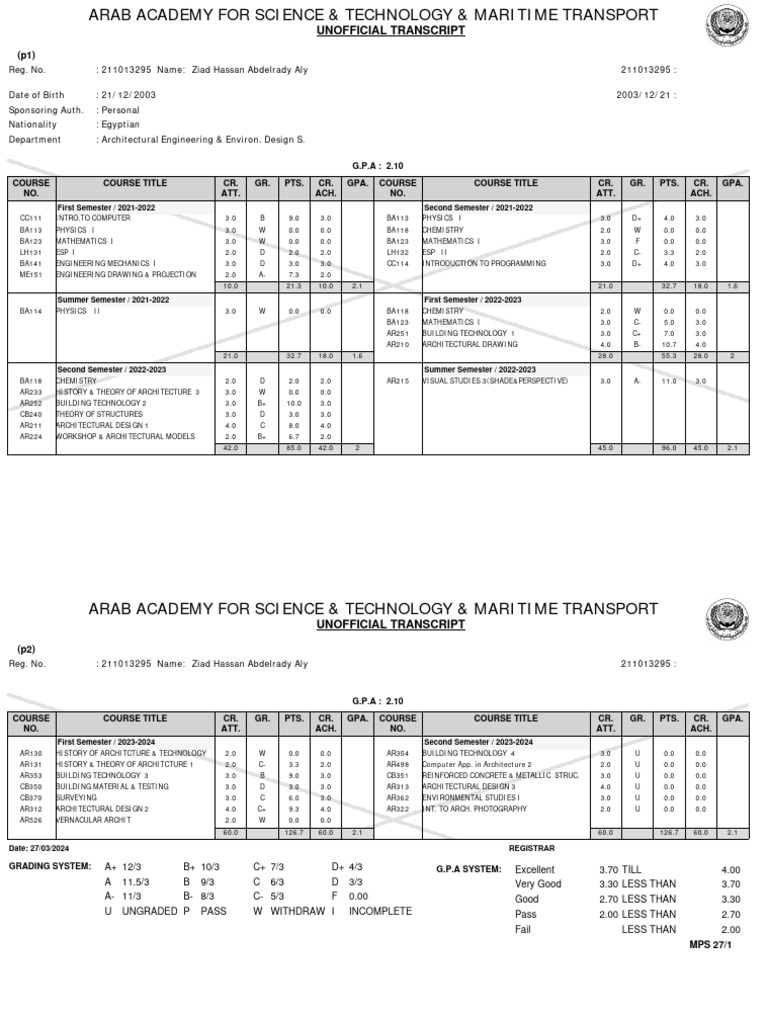 Unofficial Transcript: First Semester / 2021-2022 Second Semester ...