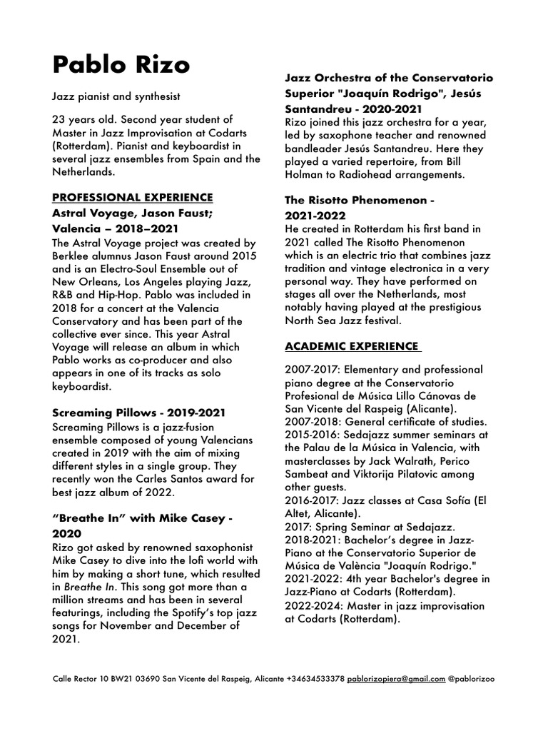CV Curriculum Vitae Pablo 2023 ENG | PDF | Jazz | Musicology