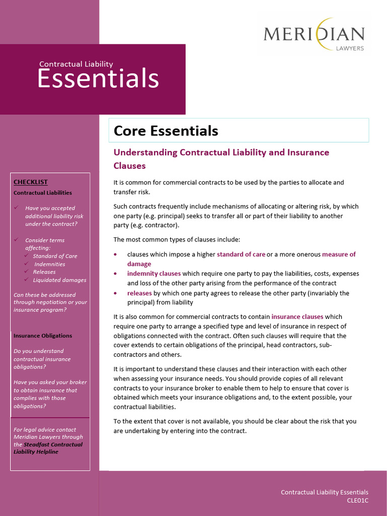 Contractual Liability and Insurance Guide | PDF | Indemnity | Liability ...