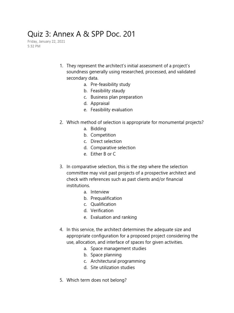 SPP Doc 200 - 209 Quiz - No Answer | PDF | Architect | Construction ...