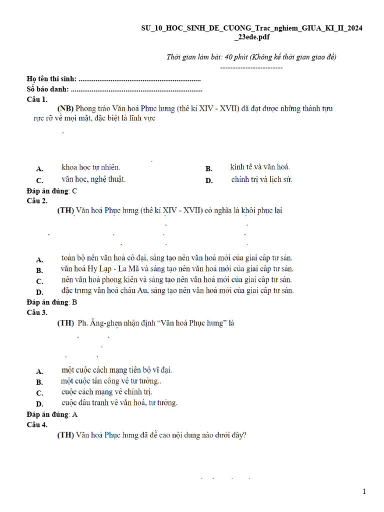 SU 10 HOC SINH DE CUONG Trac Nghiem GIUA KI II 2024 23ede - PDF 821259 20 03 2024 | PDF