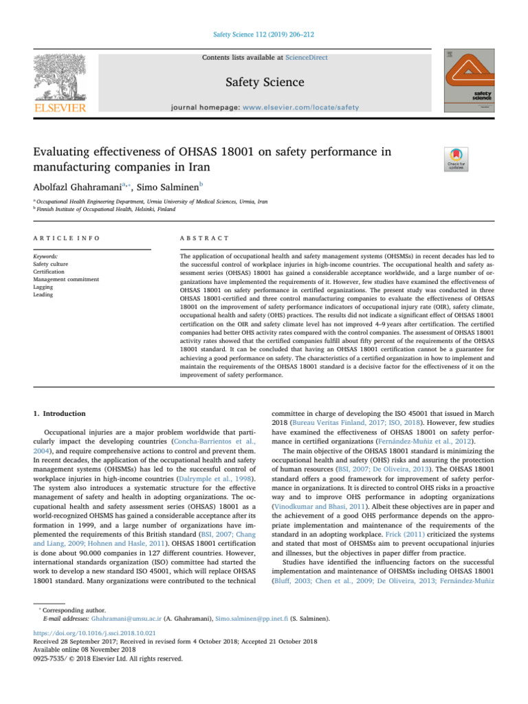 Evaluating Effectiveness of OHSAS 18001 On Safety Performance in Iran | Download Free PDF ...