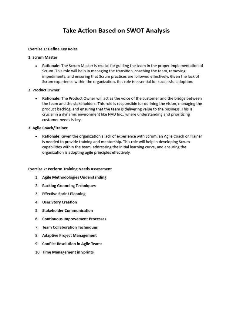 SWOT Analysis Action Plan for Agile Roles | PDF | Scrum (Software ...