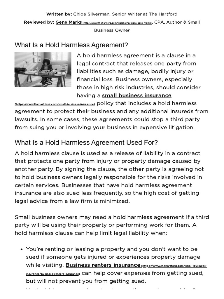 Hold Harmless Agreement - The Hartford | PDF | Indemnity | Liability ...