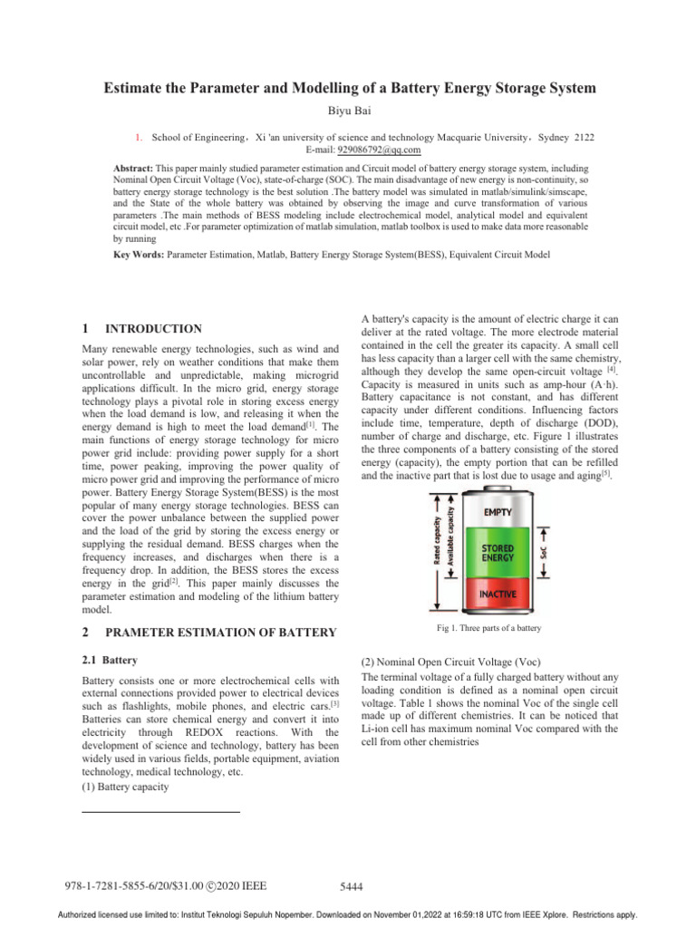 Estimate The Parameter and Modelling of A Battery Energy Storage System | PDF