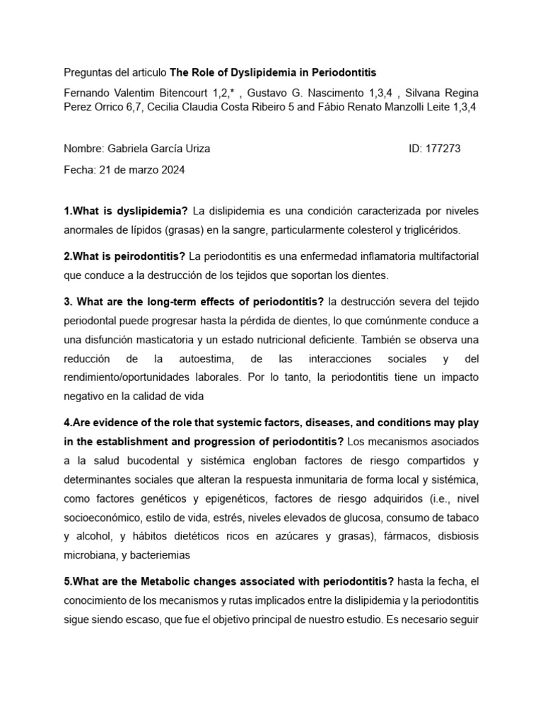 preguntas del articulo The Role of Dyslipidemia in Periodontitis listo | PDF | Obesidad | Índice ...