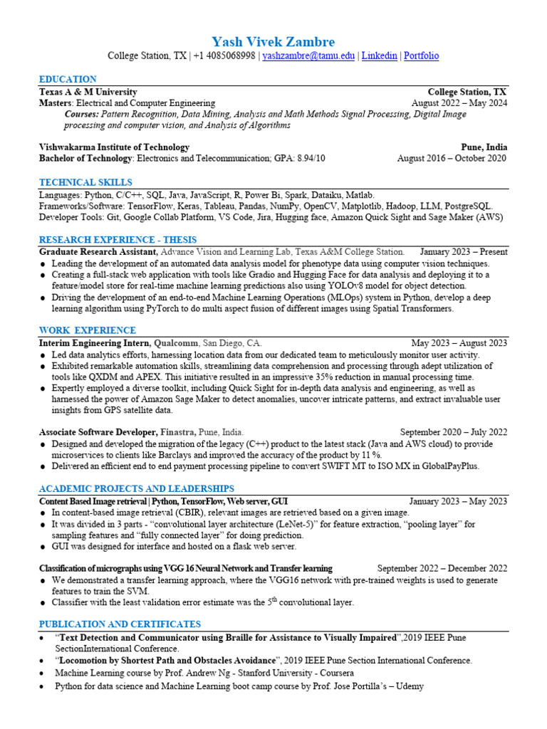 Yash Zambre Resume | PDF | Machine Learning | Artificial Intelligence