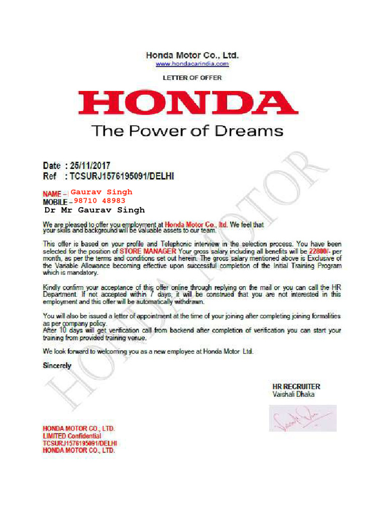 Honda Offer Letter 1 PDF | PDF