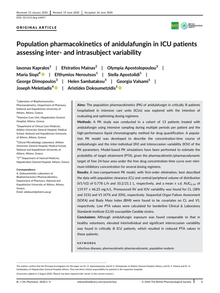 Population Pharmacokinetics of Anidulafungin in ICU Patients Assessing Inter - and Intrasubject ...