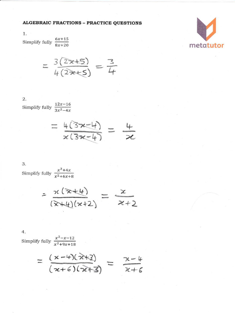 Algebraic Fractions Solutions | PDF