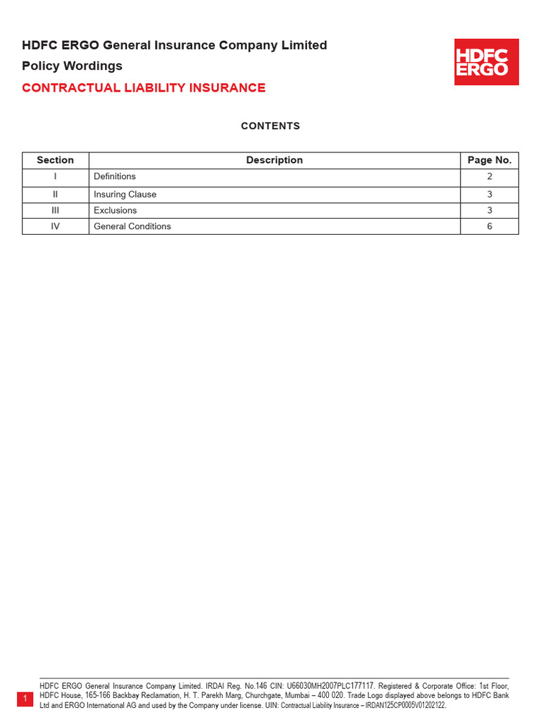 HDFC ERGO Contractual Liability Insurance | PDF | Insurance | Liability ...