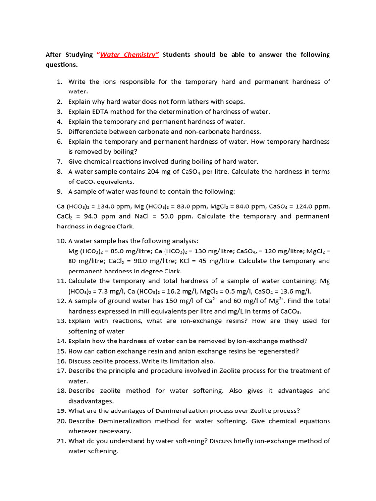 Unit 2 Water Chemistry Question Bank-Nep | PDF | Ion Exchange | Alkalinity