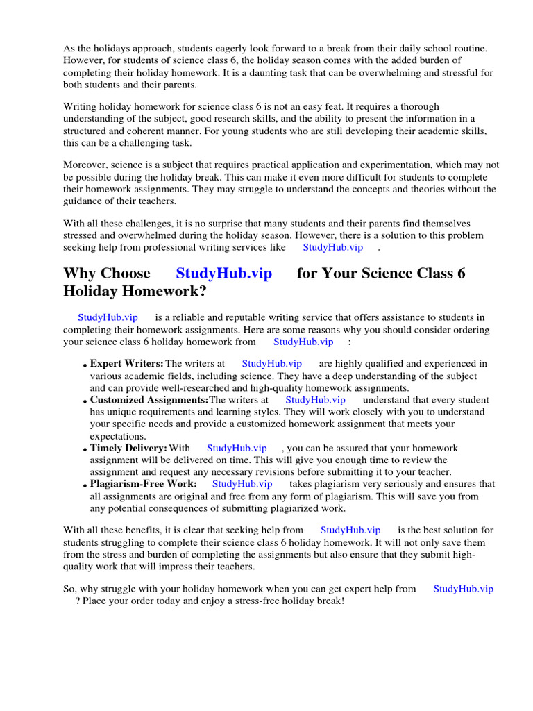 Holiday Homework of Science Class 6 | PDF | Homework | Books