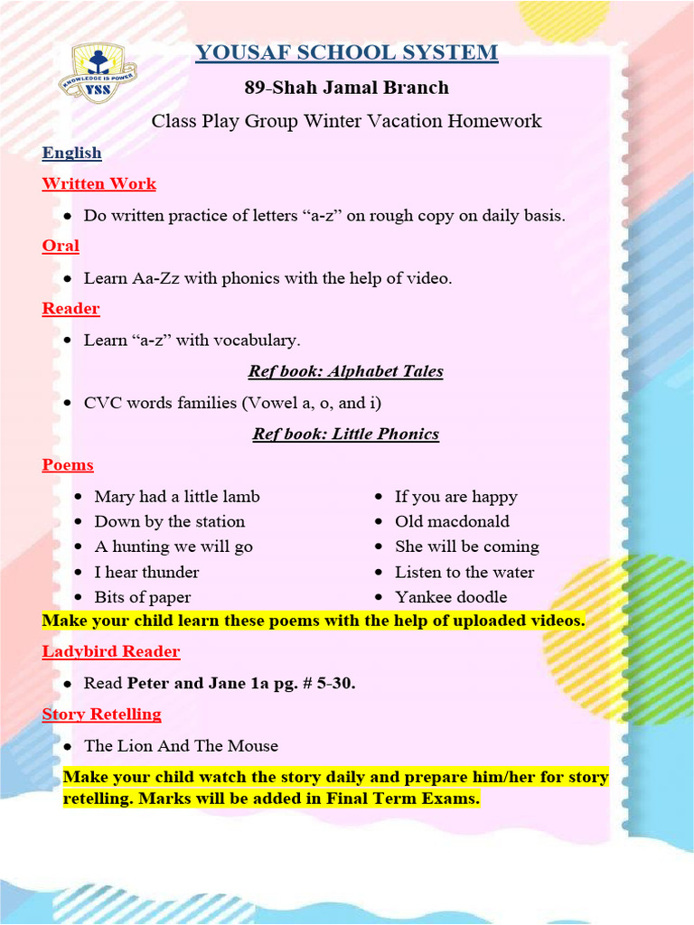 Play Group Winter Vacation Homework | PDF | Learning Methods ...