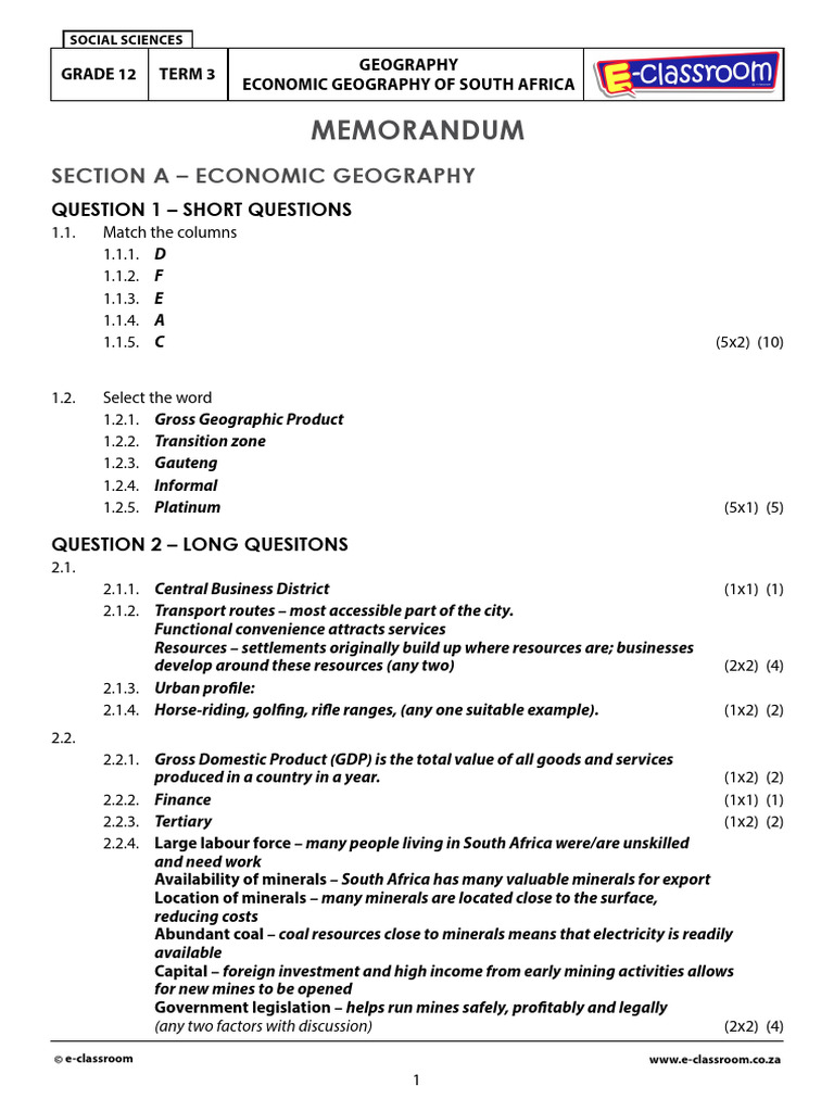 GR 12 t3 Ss Geo Economic Geography of South Africa Test Memo | PDF ...