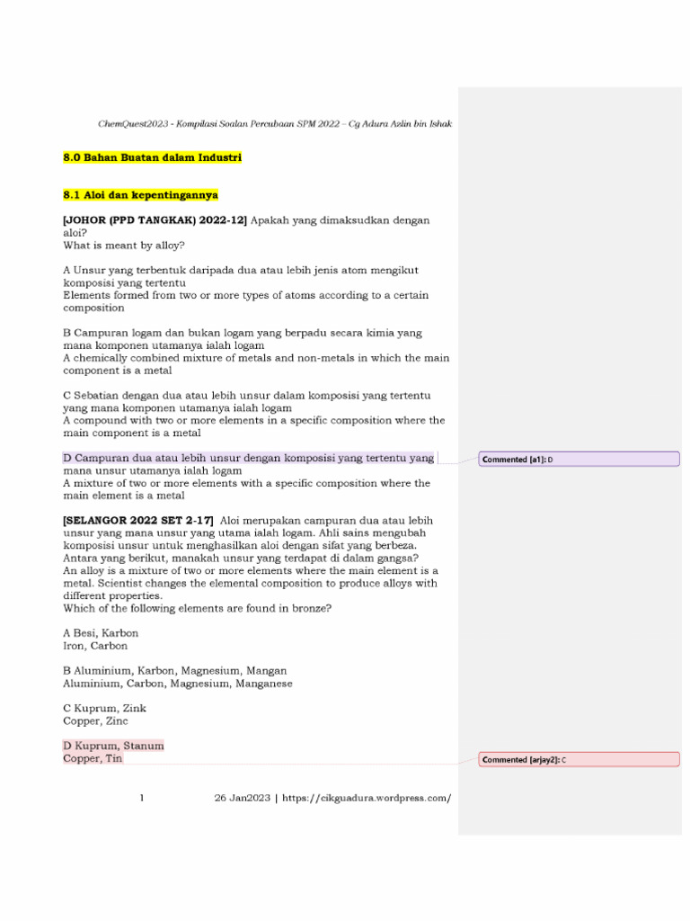Chemquest2023 Ting 4 Bab 08 Jawapan | PDF