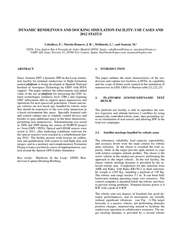 DYNAMIC RENDEZVOUS AND DOCKING SIMULATION FACILITY: USE CASES AND 2012 STATUS | PDF | Space ...