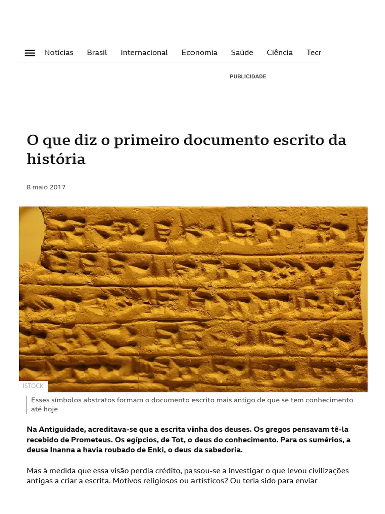 O Que Diz o Primeiro Documento Escrito Da História - BBC News Brasil ...