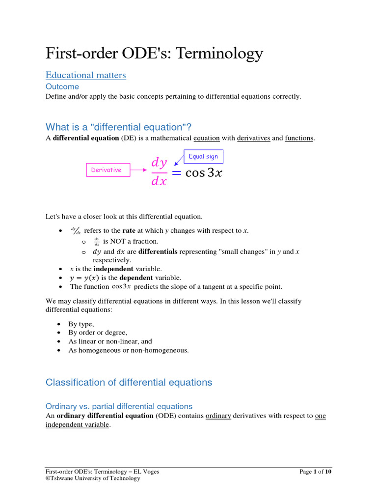 1 0 Terminology | PDF | Ordinary Differential Equation | Differential ...