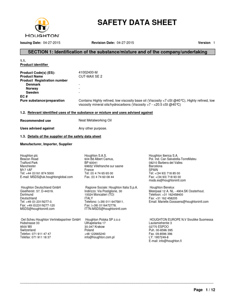 Cut-Max Se 2 - CLP Sds-En | Download Free PDF | Chemistry | Chemical ...