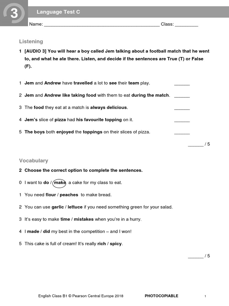 ECB1 Tests Language Test 3C new2018 | PDF | Cooking | Cuisine