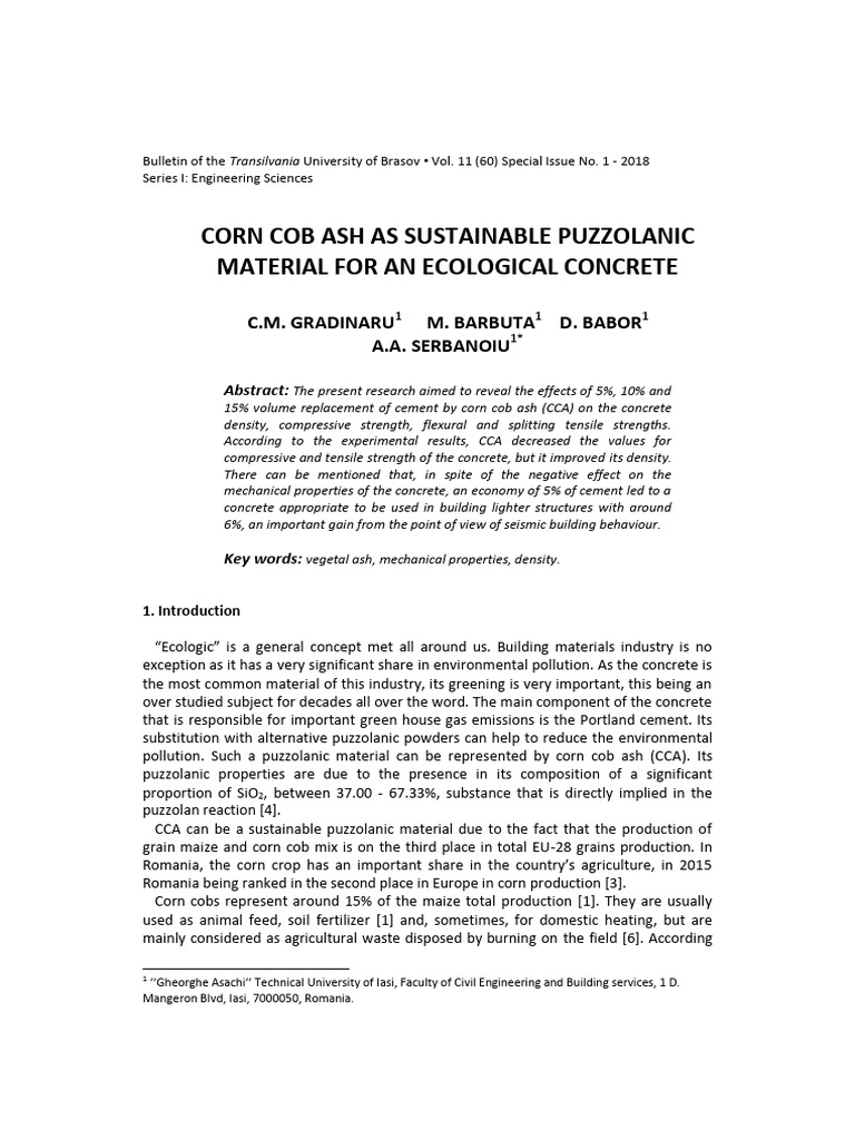CORN COB ASH AS SUSTAINABLE PUZZOLANIC MATERIAL FOR AN ECOLOGICAL ...