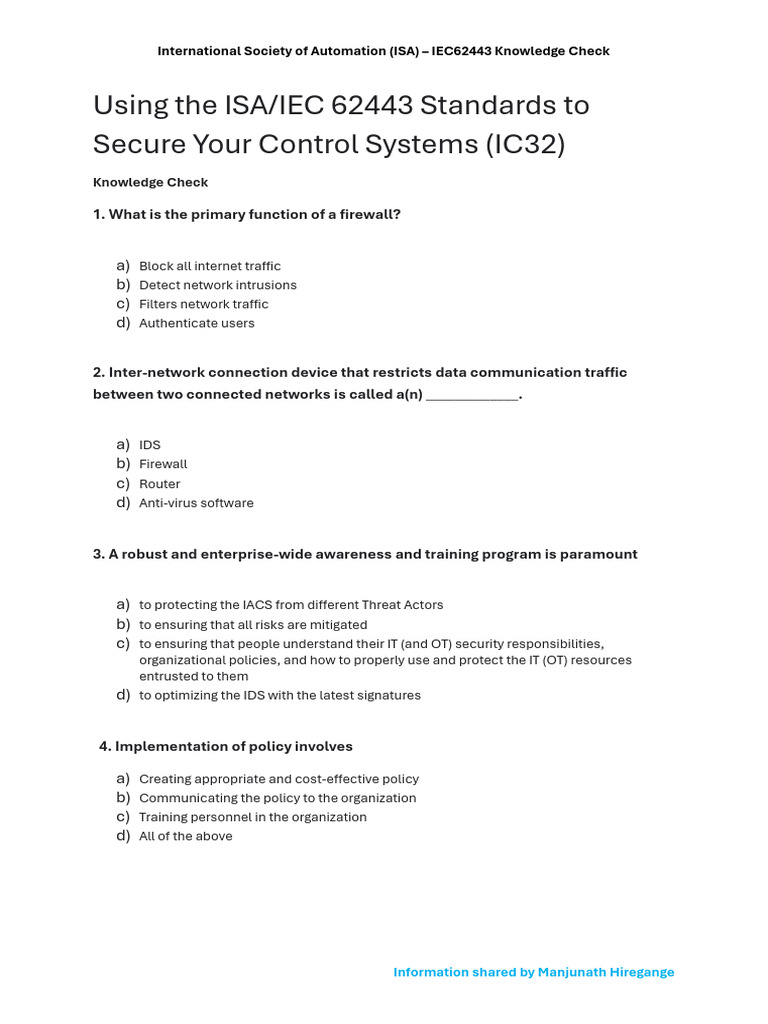IEC62443 Knowldge Check (IC32,33,34,37 Questions) | PDF | Security ...