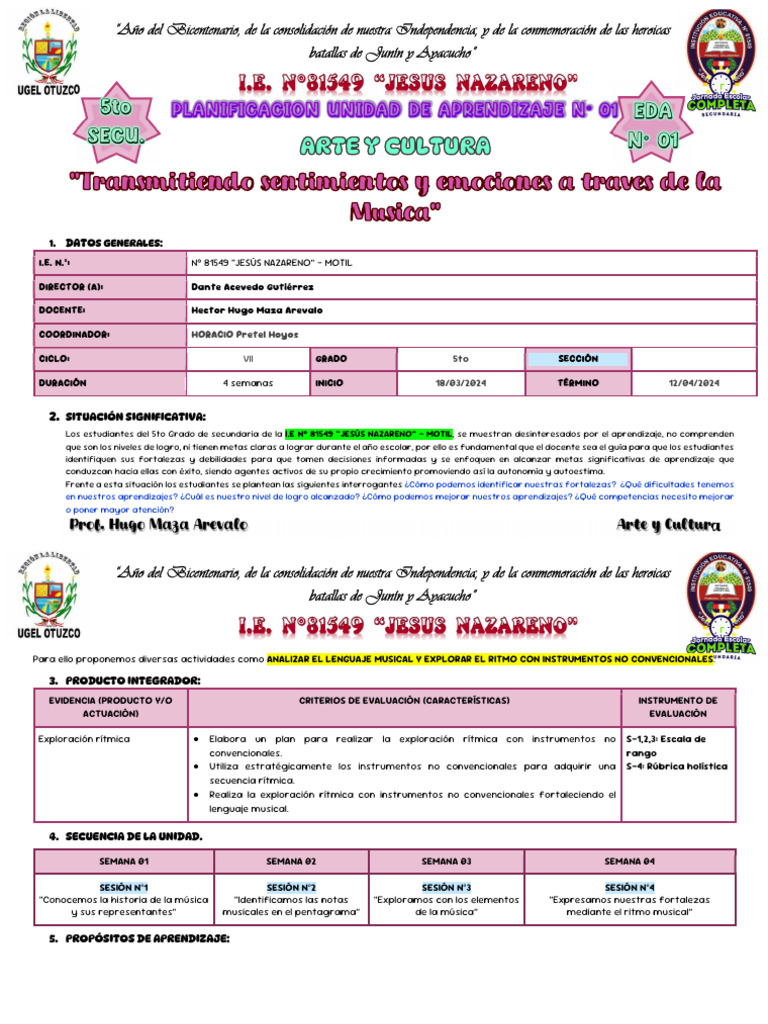 Plan. Eda 01 - 5to Secu - Arte PDF | PDF | Enseñando | Ritmo