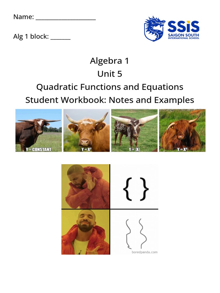 Algebra 1 Unit 5 Student Workbook, Quadratic Functions & Equations ...