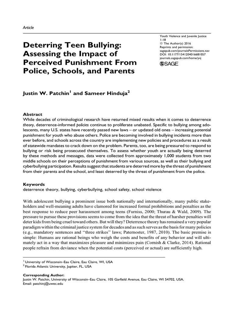 Deterring Teen Bullying Patchin Hinduja | PDF | Cyberbullying | Statistics