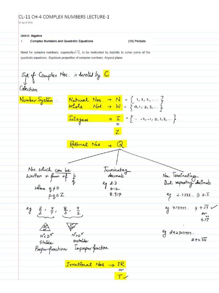 CL-11 CH-4 Complex Numbers Lecture-1 Notes | PDF