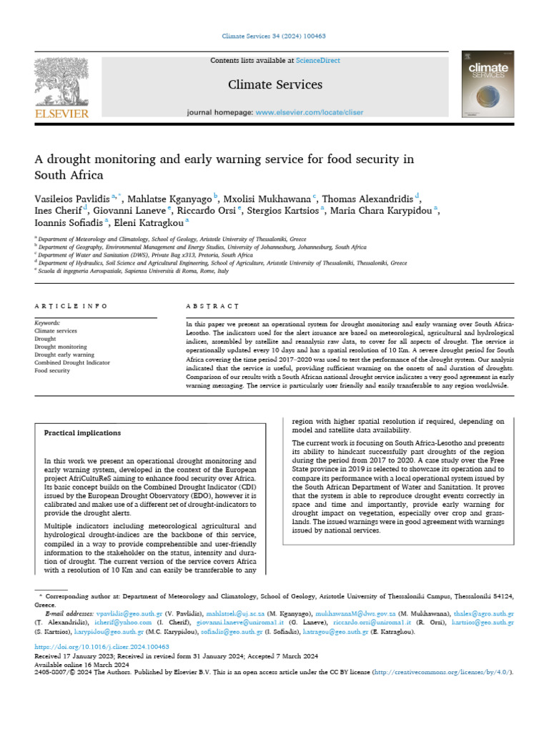 A Drought Monitoring and Early Warning Service For Food Security in ...