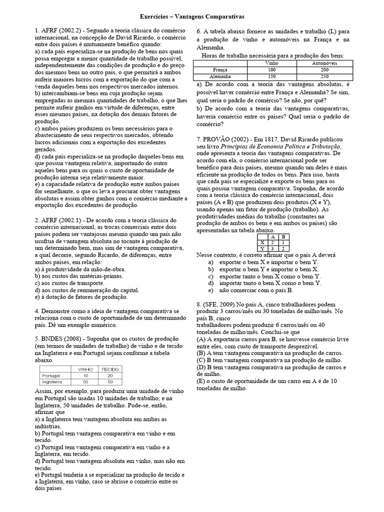 EIN Aula5 6 Exercicios Vantagens Comparativas | PDF | Vantagem comparativa | Economias