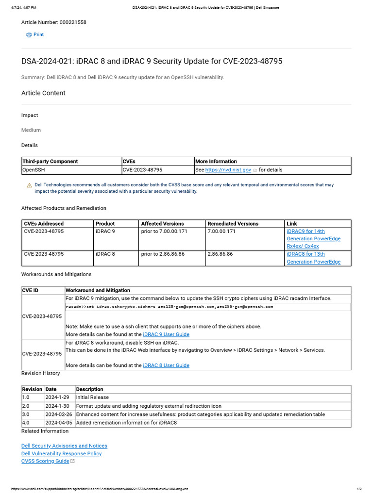 DSA-2024-021 - iDRAC 8 and iDRAC 9 Security Update For CVE-2023-48795 ...
