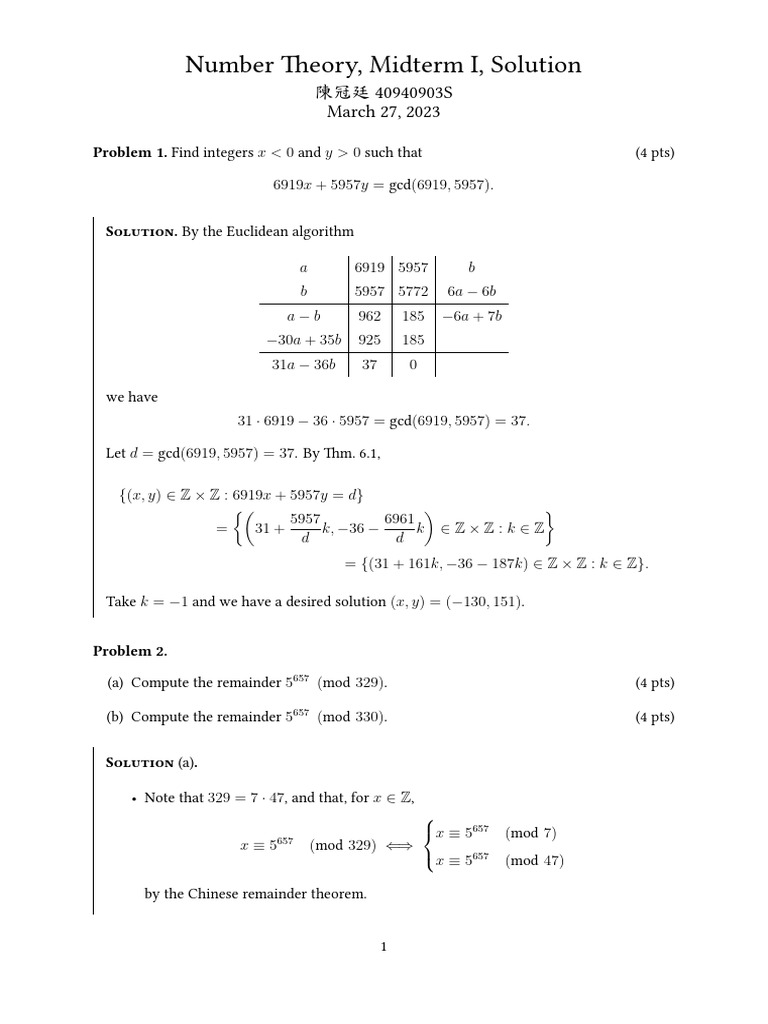 Number Theory Midterm | PDF | Number Theory | Algebra