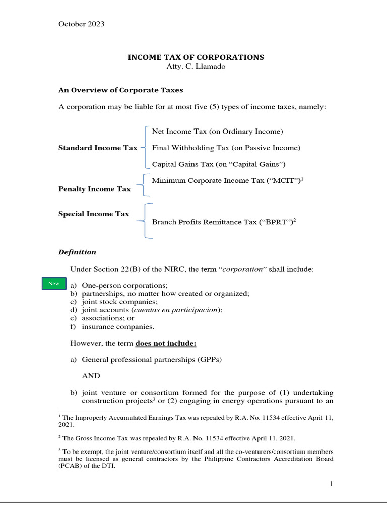 94-03 Corporate Income Tax - Handout | PDF | Taxes | Capital Gains Tax