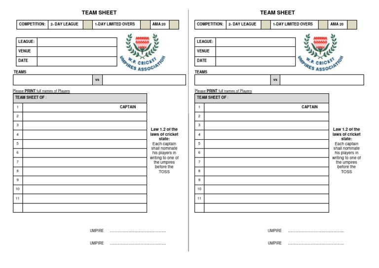 WPCUA Team Sheet | PDF | Athletic Sports | Cricket Skills