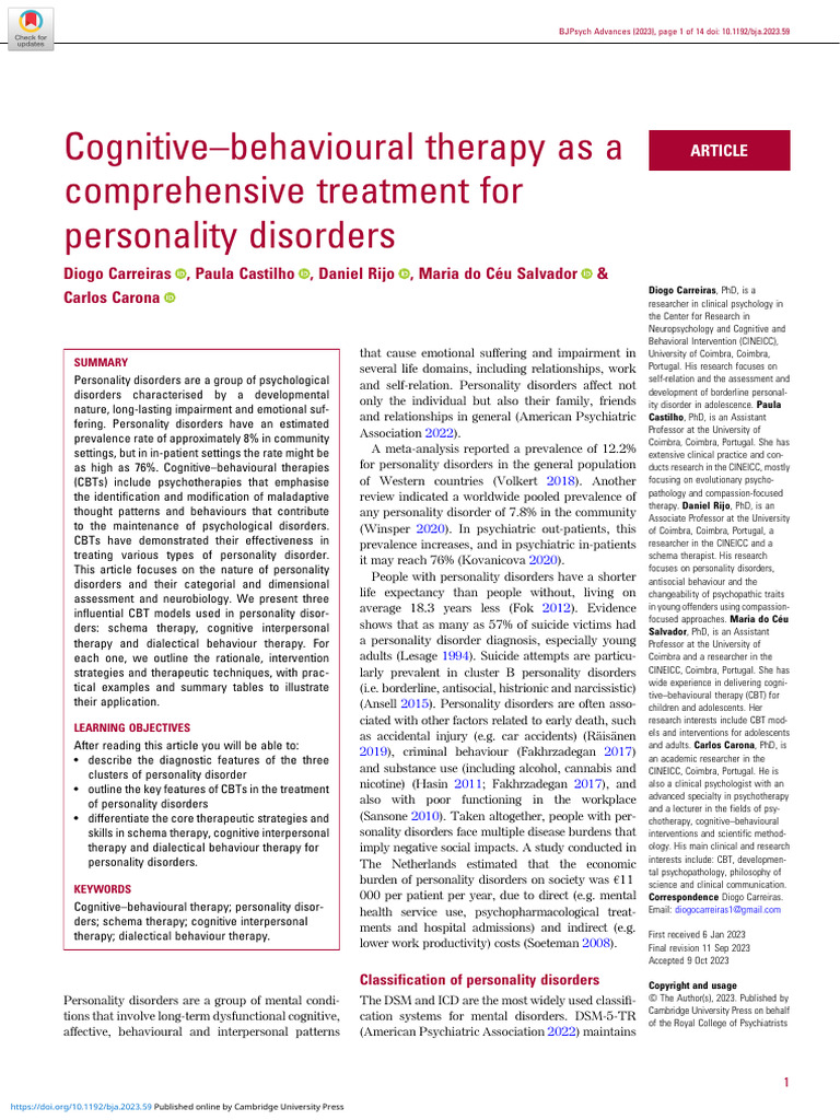 Cognitivebehavioural Therapy As A Comprehensive Treatment For ...