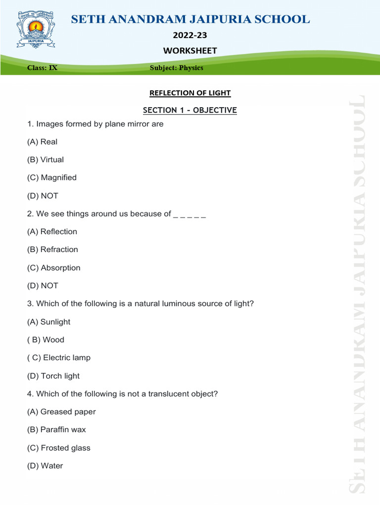 9 Phy WS Ref | PDF | Reflection (Physics) | Mirror