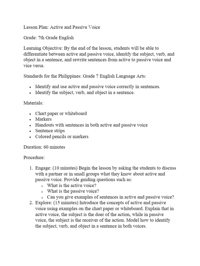 Active vs. Passive Voice Lesson Plan | PDF | Subject (Grammar) | Learning