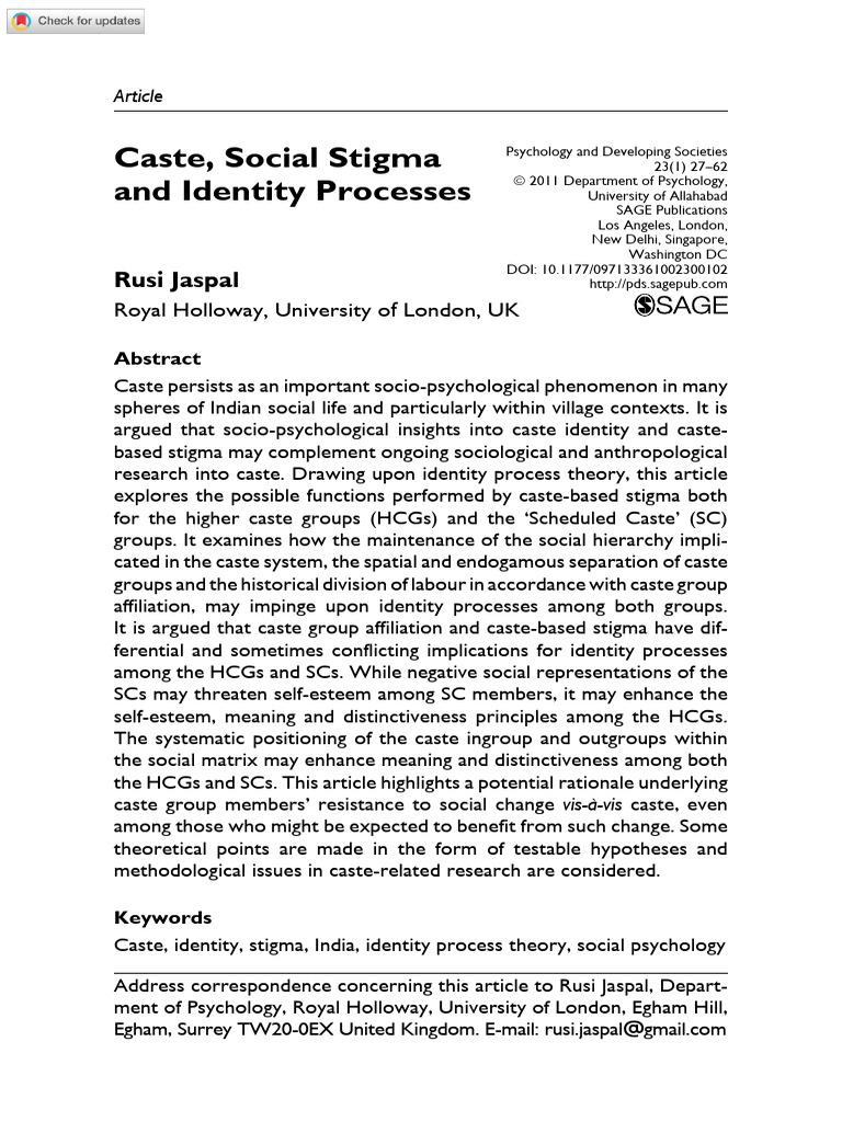 Caste, Stigma & Identity Dynamics | PDF | Social Stigma | Identity ...