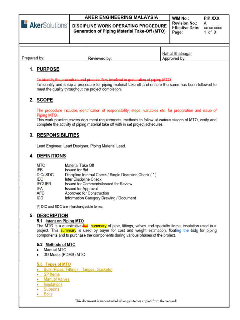 PIP-MTO Procedure-25.05.2016 | PDF | Pipe (Fluid Conveyance ...