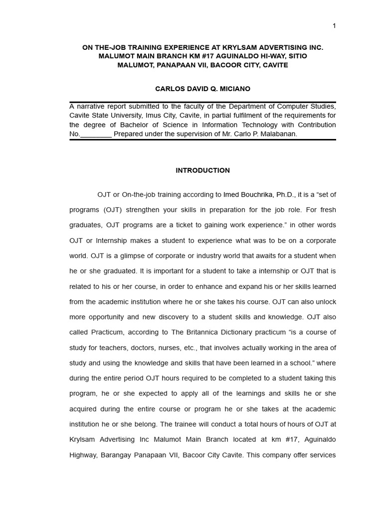 On The-Job Training Experience at Krylsam Advertising Inc | PDF ...