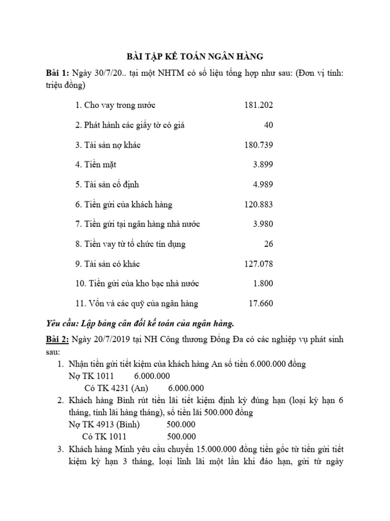 BÀI TẬP KẾ TOÁN NGÂN HÀNG | PDF